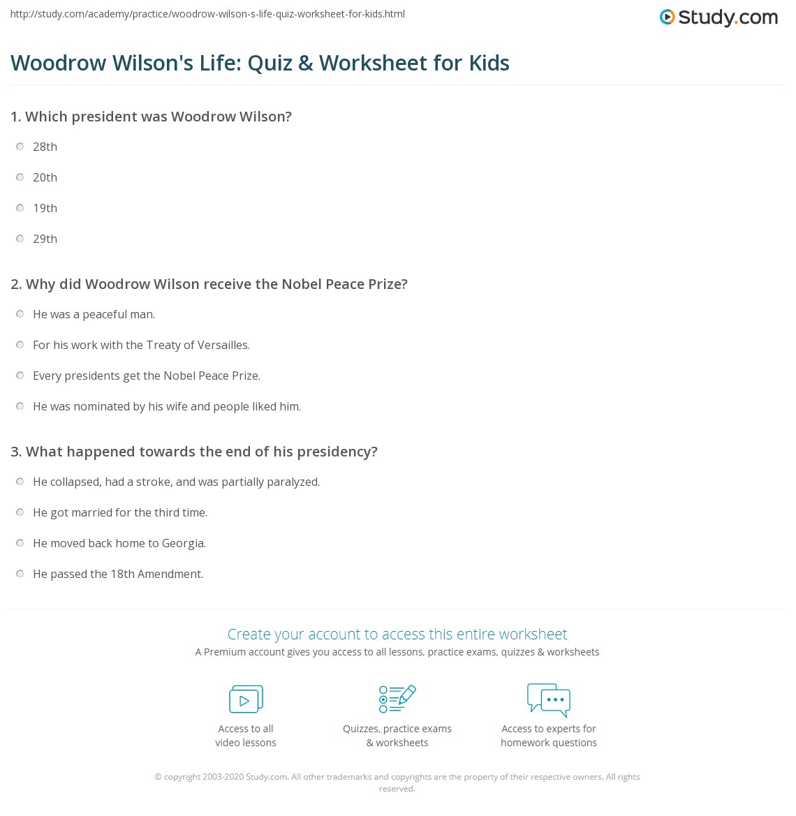 Woodrow Wilson's Life: Quiz & Worksheet for Kids | Study.com