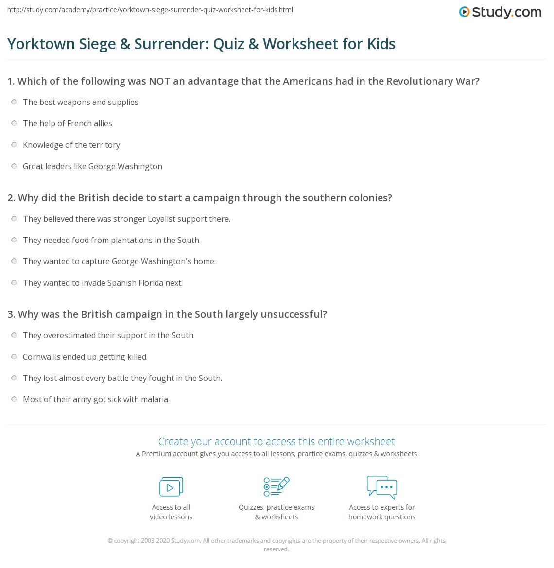 Yorktown Siege & Surrender: Quiz & Worksheet for Kids | Study.com