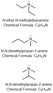 Draw the structures of the three isomeric tertiary amines that have the ...