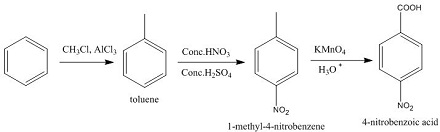 Show the mechanism going from benzene to p-nitrobenzoic acid | Study.com