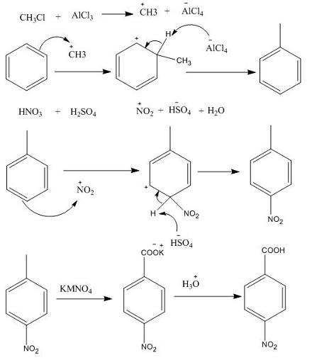 Show the mechanism going from benzene to p-nitrobenzoic acid | Study.com