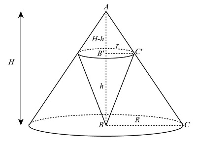 A right circular cone is inscribed inside a larger right circular cone ...