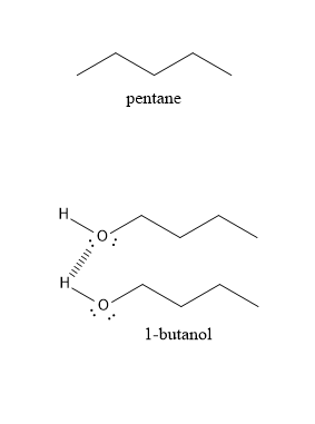 Pentane has a boiling point of 36.1 degrees Celsius while 1-butanol ...