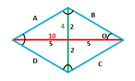 A rhombus has diagonals of length 4 and 10 units each. Find the angles ...